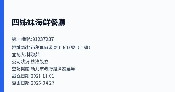 四姊妹海鮮餐廳的照片-統編 91237237(新北市) 公司登記資料與營業項目詳細圖表