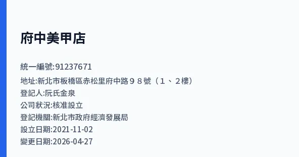 府中美甲店的照片-統編 91237671(新北市) 公司登記資料與營業項目詳細圖表