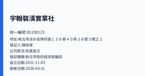 宇翰裝潢實業社的照片-統編 91238123(新北市) 公司登記資料與營業項目詳細圖表