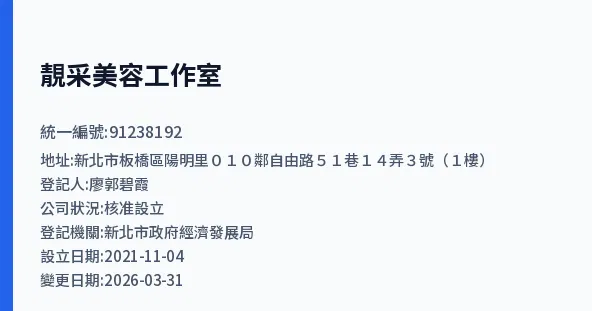 靚采美容工作室的照片-統編 91238192(新北市) 公司登記資料與營業項目詳細圖表