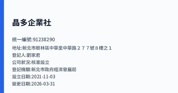 晶多企業社的照片-統編 91238290(新北市) 公司登記資料與營業項目詳細圖表