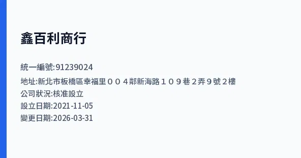 鑫百利商行的照片-統編 91239024(新北市) 公司登記資料與營業項目詳細圖表