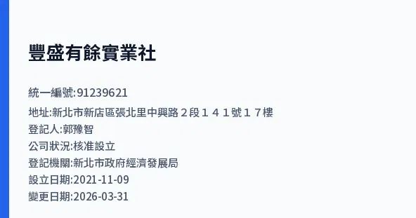 豐盛有餘實業社的照片-統編 91239621(新北市) 公司登記資料與營業項目詳細圖表