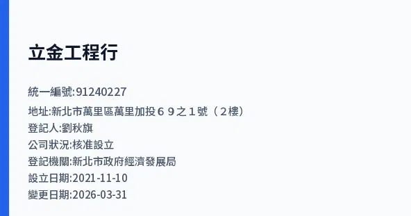 立金工程行的照片-統編 91240227(新北市) 公司登記資料與營業項目詳細圖表