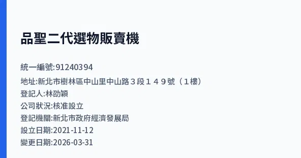 品聖二代選物販賣機的照片-統編 91240394(新北市) 公司登記資料與營業項目詳細圖表
