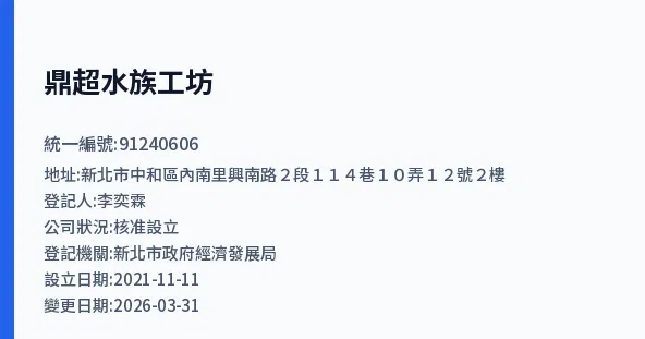 鼎超水族工坊的照片-統編 91240606(新北市) 公司登記資料與營業項目詳細圖表
