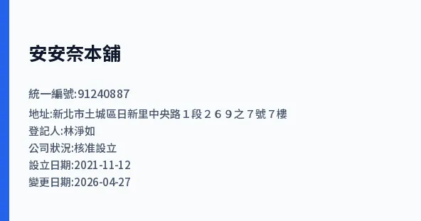 安安奈本舖的照片-統編 91240887(新北市) 公司登記資料與營業項目詳細圖表