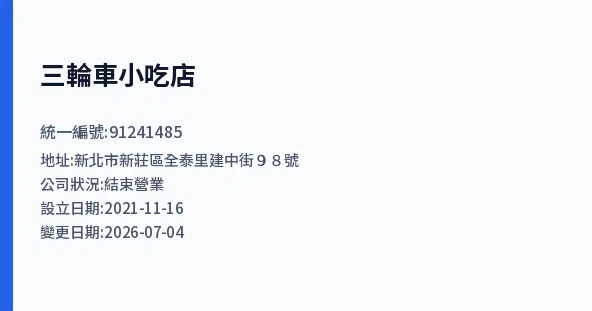 三輪車小吃店的照片-統編 91241485(新北市) 公司登記資料與營業項目詳細圖表