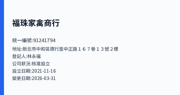 福珠家禽商行的照片-統編 91241794(新北市) 公司登記資料與營業項目詳細圖表