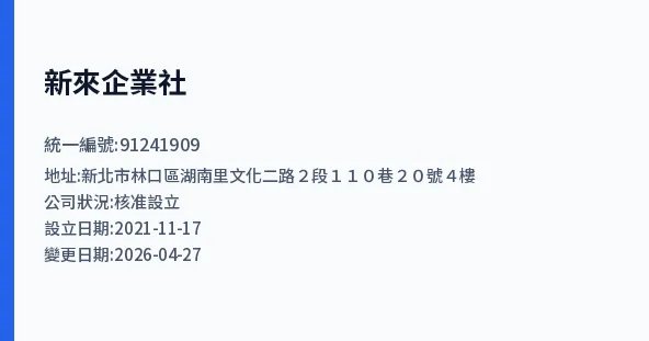 新來企業社的照片-統編 91241909(新北市) 公司登記資料與營業項目詳細圖表
