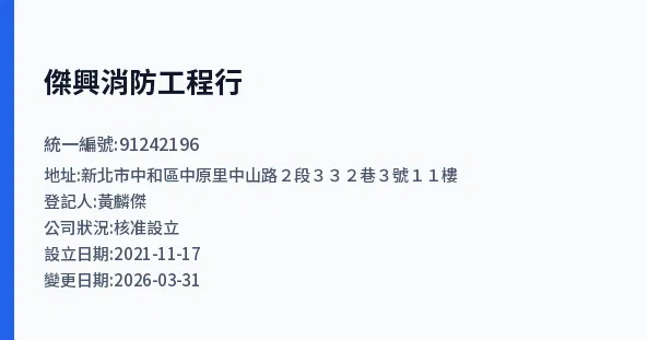 傑興消防工程行的照片-統編 91242196(新北市) 公司登記資料與營業項目詳細圖表