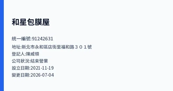 和星包膜屋的照片-統編 91242631(新北市) 公司登記資料與營業項目詳細圖表
