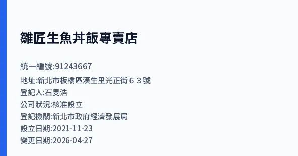 雛匠生魚丼飯專賣店的照片-統編 91243667(新北市) 公司登記資料與營業項目詳細圖表
