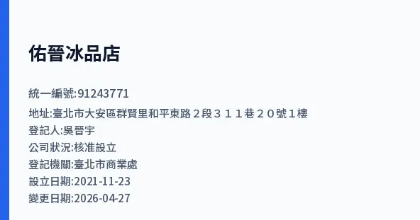佑晉冰品店的照片-統編 91243771(臺北市) 公司登記資料與營業項目詳細圖表
