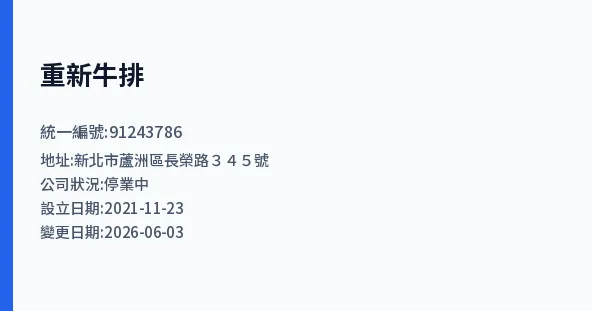 重新牛排的照片-統編 91243786(新北市) 公司登記資料與營業項目詳細圖表
