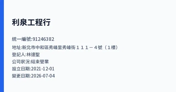 利泉工程行的照片-統編 91246382(新北市) 公司登記資料與營業項目詳細圖表