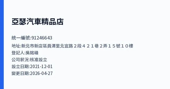 亞瑟汽車精品店的照片-統編 91246643(新北市) 公司登記資料與營業項目詳細圖表