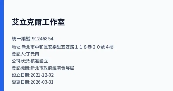 艾立克爾工作室的照片-統編 91246854(新北市) 公司登記資料與營業項目詳細圖表