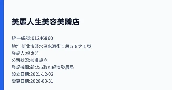 美麗人生美容美體店的照片-統編 91246860(新北市) 公司登記資料與營業項目詳細圖表