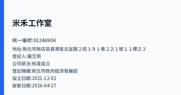 米禾工作室的照片-統編 91246904(新北市) 公司登記資料與營業項目詳細圖表