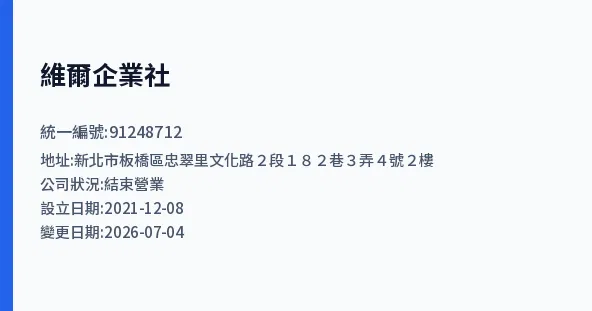 維爾企業社的照片-統編 91248712(新北市) 公司登記資料與營業項目詳細圖表