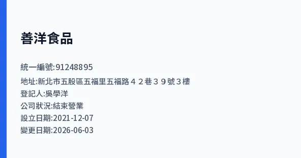 善洋食品的照片-統編 91248895(新北市) 公司登記資料與營業項目詳細圖表