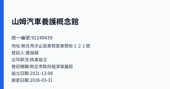 山姆汽車養護概念館的照片-統編 91249439(新北市) 公司登記資料與營業項目詳細圖表
