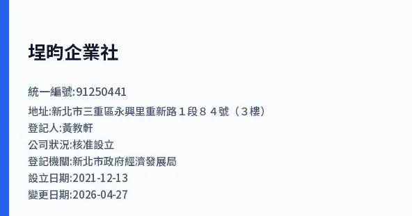埕昀企業社的照片-統編 91250441(新北市) 公司登記資料與營業項目詳細圖表
