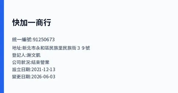 快加一商行的照片-統編 91250673(新北市) 公司登記資料與營業項目詳細圖表