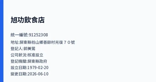 旭功飲食店的照片-統編 91252308(屏東縣) 公司登記資料與營業項目詳細圖表