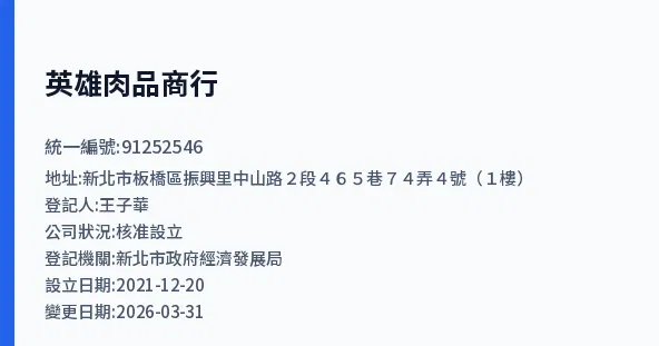 英雄肉品商行的照片-統編 91252546(新北市) 公司登記資料與營業項目詳細圖表