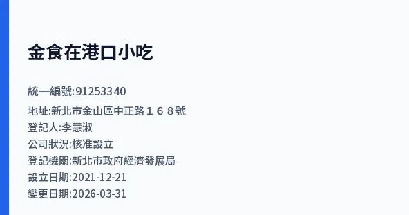 金食在港口小吃的照片-統編 91253340(新北市) 公司登記資料與營業項目詳細圖表