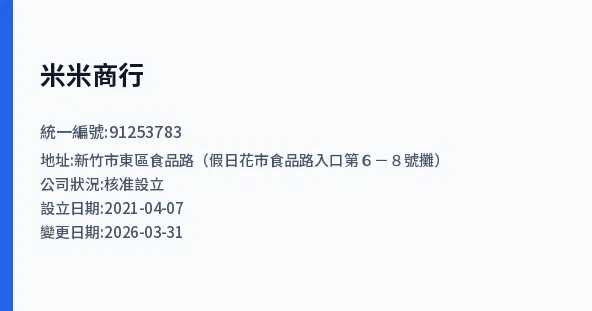 米米商行的照片-統編 91253783(新竹市) 公司登記資料與營業項目詳細圖表