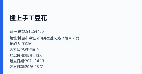 極上手工豆花的照片-統編 91254755(桃園市) 公司登記資料與營業項目詳細圖表