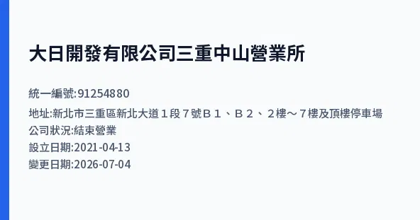 大日開發有限公司三重中山營業所的照片-統編 91254880(新北市) 公司登記資料與營業項目詳細圖表
