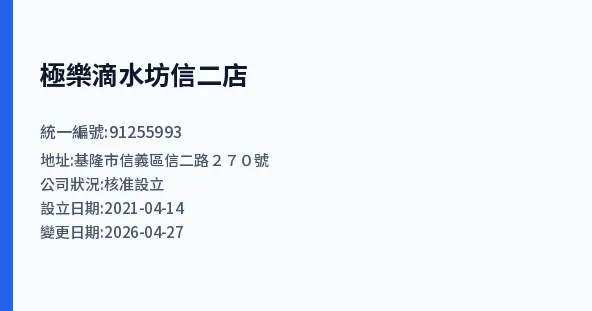 極樂滴水坊信二店的照片-統編 91255993(基隆市) 公司登記資料與營業項目詳細圖表