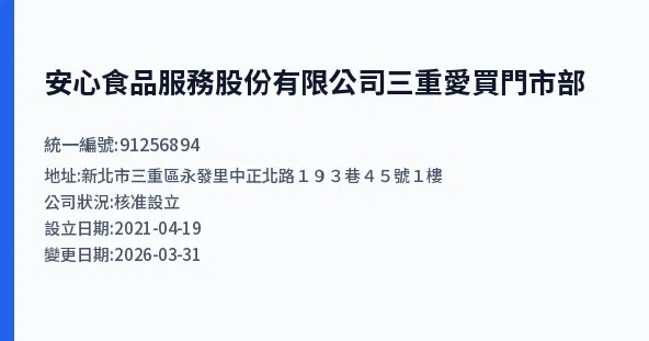 安心食品服務股份有限公司三重愛買門市部的照片-統編 91256894(新北市) 公司登記資料與營業項目詳細圖表