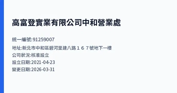 高富登實業有限公司中和營業處的照片-統編 91259007(新北市) 公司登記資料與營業項目詳細圖表