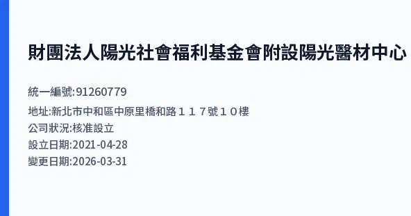 財團法人陽光社會福利基金會附設陽光醫材中心的照片-統編 91260779(新北市) 公司登記資料與營業項目詳細圖表