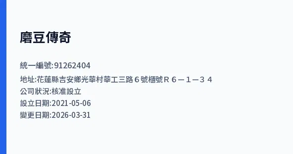 磨豆傳奇的照片-統編 91262404(花蓮縣) 公司登記資料與營業項目詳細圖表