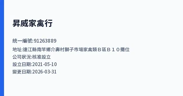 昇威家禽行的照片-統編 91263889(連江縣) 公司登記資料與營業項目詳細圖表