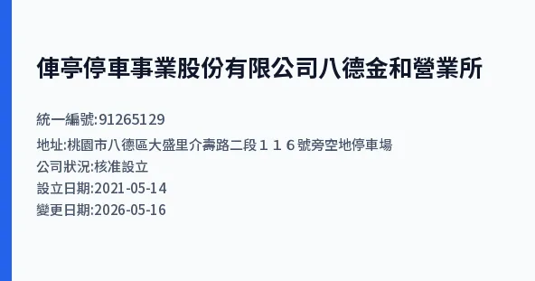 俥亭停車事業股份有限公司八德金和營業所的照片-統編 91265129(桃園市) 公司登記資料與營業項目詳細圖表