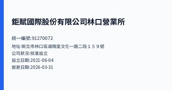 鉅賦國際股份有限公司林口營業所的照片-統編 91270072(新北市) 公司登記資料與營業項目詳細圖表