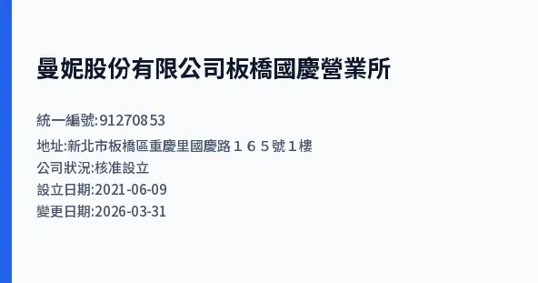曼妮股份有限公司板橋國慶營業所的照片-統編 91270853(新北市) 公司登記資料與營業項目詳細圖表