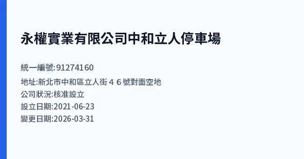 永權實業有限公司中和立人停車場的照片-統編 91274160(新北市) 公司登記資料與營業項目詳細圖表