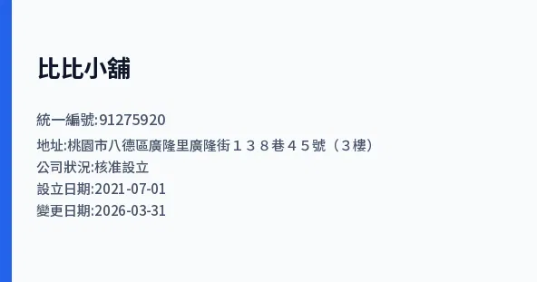 比比小舖的照片-統編 91275920(桃園市) 公司登記資料與營業項目詳細圖表