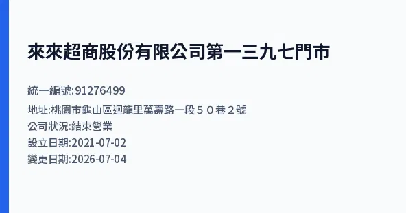 來來超商股份有限公司第一三九七門市的照片-統編 91276499(桃園市) 公司登記資料與營業項目詳細圖表