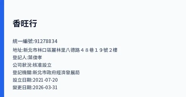 香旺行的照片-統編 91278834(新北市) 公司登記資料與營業項目詳細圖表