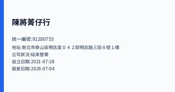 陳將菁仔行的照片-統編 91280753(新北市) 公司登記資料與營業項目詳細圖表