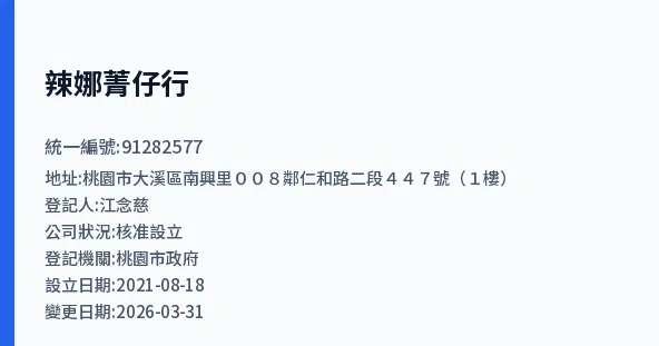 辣娜菁仔行的照片-統編 91282577(桃園市) 公司登記資料與營業項目詳細圖表